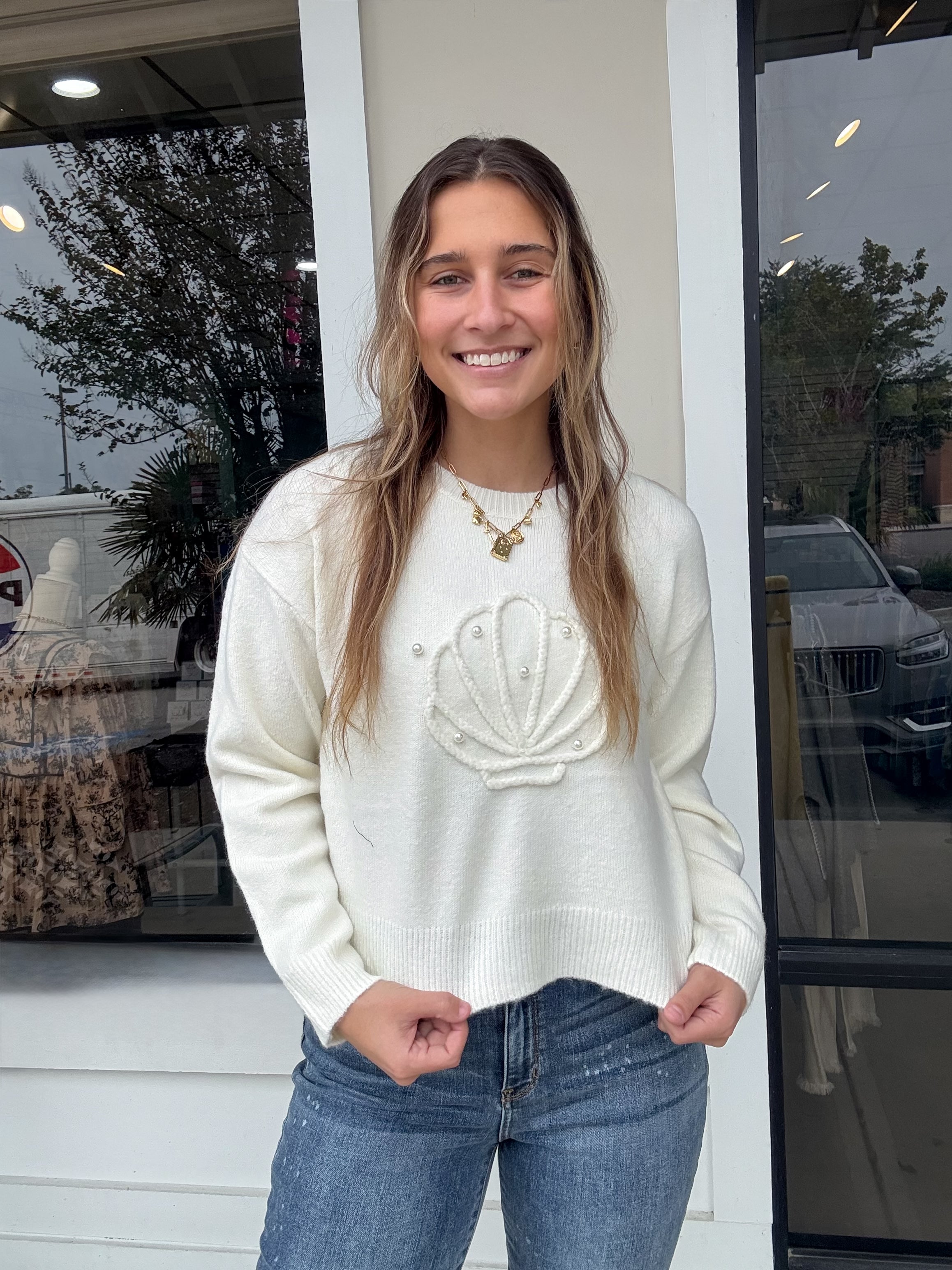 Pearl Embellished Seashell Sweater – Salty Chic Boutique
